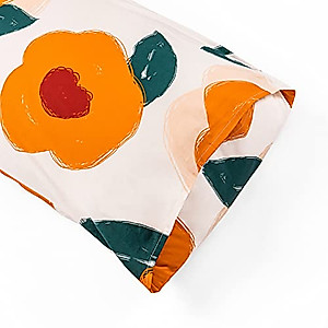 YuHeGuoJi Orange Floral Duvet Cover Queen Size 100% Cotton Botanical Flower Duvet Cover 3 Pcs Set 1 Cartoon Plant Patterned Duvet Cover with Zipper Ties 2 Pillowcases Cute Red Flower Bedding Set