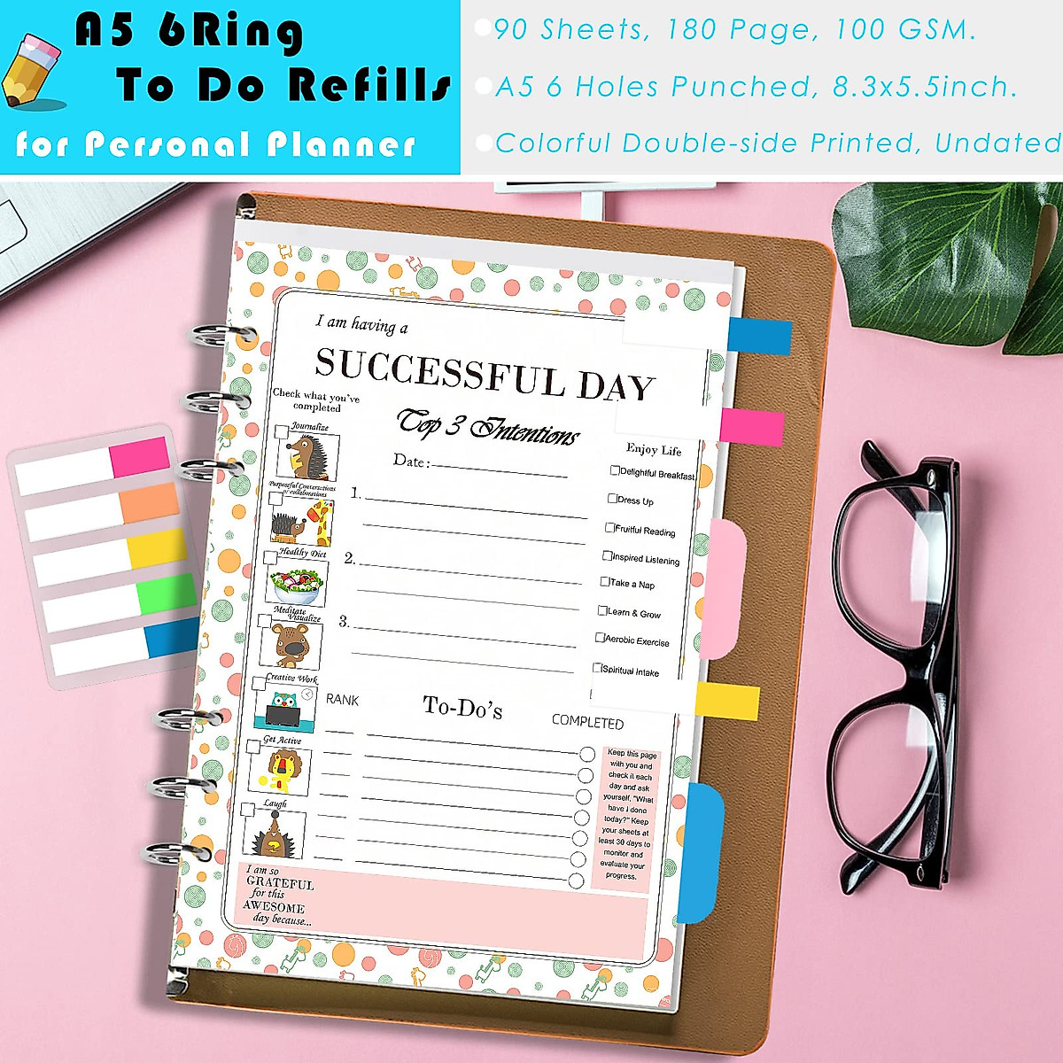 Rancco A5 Planner Inserts Daily Planner To Do List Refills, 90 Sheet 180 Page 6-Hole Successful Day Planner Refills w/Binder Divider, Pouch, Ruler, Index Tab for Filofax, Journal, Undated,5.7x8.3inch
