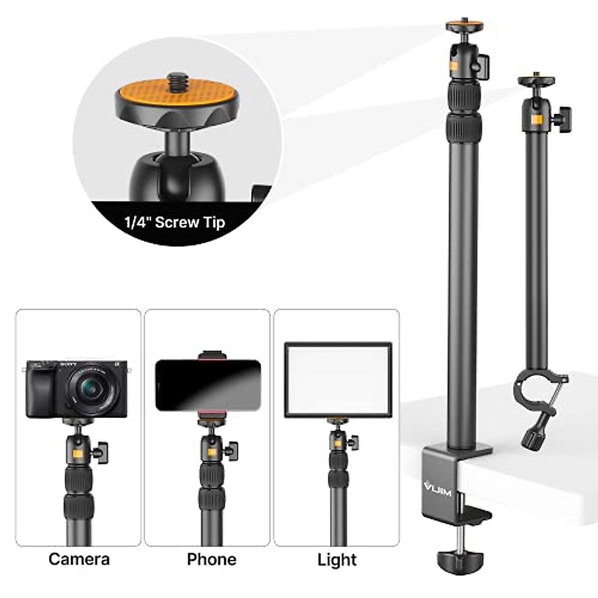 jusmo Camera Desk Mount with Auxiliary Holding Arm, Overhead Camera Mount with 360° Ballhead and Phone Grip, Table C-Clamp Multi Mount Stand for DSLR, Phone, Light, Webcam and More (LS02)