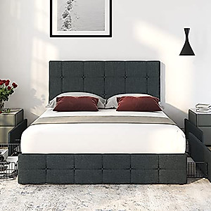 Allewie Upholstered Queen Size Platform Bed Frame with 4 Storage Drawers and Headboard, Square Stitched Button Tufted Mattress Foundation with Wooden Slats Support, No Box Spring Needed, Grey