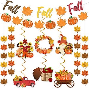 Fall Party Decorations Supplies - NO DIY- Fall Home Decor Set Include Glitter Fall Banner Pumpkin Maple Leaf Garland, 6pcs Hanging Swirls, 4Pcs Maple Leaves Garland Strings for Fall Thanksgiving Party