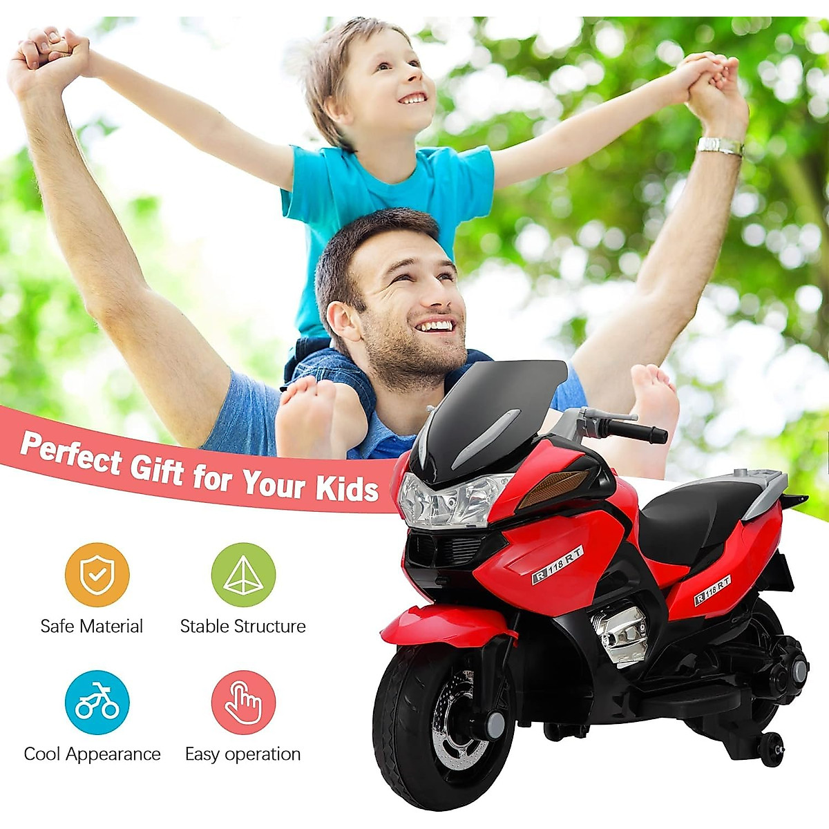 TOBBI 12V Kids Ride On Electric Motorcycle, Toddler Dirt Bike Training Wheels, Battery Powered Motorbike for Kids with LED Lights/Music/USB/Pedal, Ideal Gift for Children Boys Girls-Red
