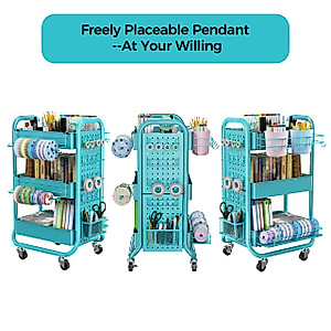 DESIGNA Heavy Duty 3-Tier Metal Rolling Cart,Utility Storage Cart With DIY Pegboard,Craft Art Carts Trolley Organizer with Handle and Extra Office Storage Accessories for Kitchen Office Home,Turquoise