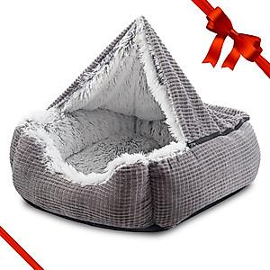MIXJOY Dog Beds for Medium Large Small Dogs, Rectangle Cave Hooded Blanket Puppy Bed, Luxury Orthopedic Cat Beds for Indoor Cats, Warmth and Machine Washable (25 inches, Grey)