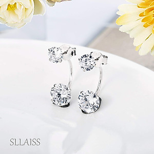 Sllaiss 2 Pairs Sterling Silver Double Ball Ear Jacket Earrings Set Cubic Zirconia Round Pearl Jewelry for Women (Silver)