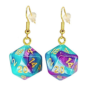d20 20-Sided Polyhedral Dice Earrings - Hook with Earnuts (Light Blue-Purple Swirl)