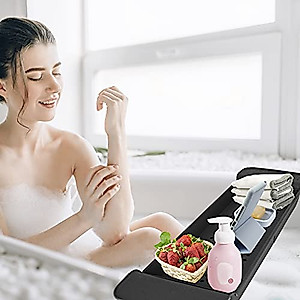 Expandable Drain Bath Shelf Caddy Tray, YOCOMEY Multifunctional Plastic Bathtub Tray Bathroom Organizer Simple Stylish Bathtub Storage Rack for Candle Towel, Book, Wine, Phone, Shower (Dark Gray)