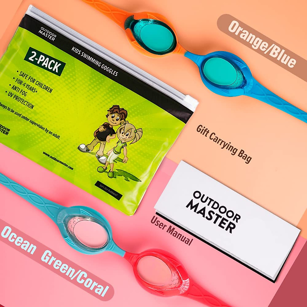 OutdoorMaster Kids Swim Goggles 2 Pack - Quick Adjustable Strap Swimming Goggles for Kids - B