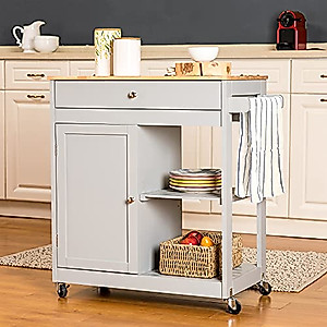 Glitzhome Kitchen Island with Storage Kitchen Cart on Wheels Rolling Kitchen Cart Island Table with Tower Holder Spice Rack Drawer for Dining Room Kitchen, 34.25”H, Gray