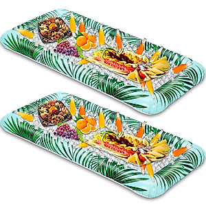 Sloosh 2-Pack Inflatable Serving Bars Cooler - Leaf Pattern Inflatable Cooler Ice Buffet Salad Serving Trays with Drain Plug, Food Drink Cooler for Indoor Outdoor Summer Picnic Pool Beach Luau Party