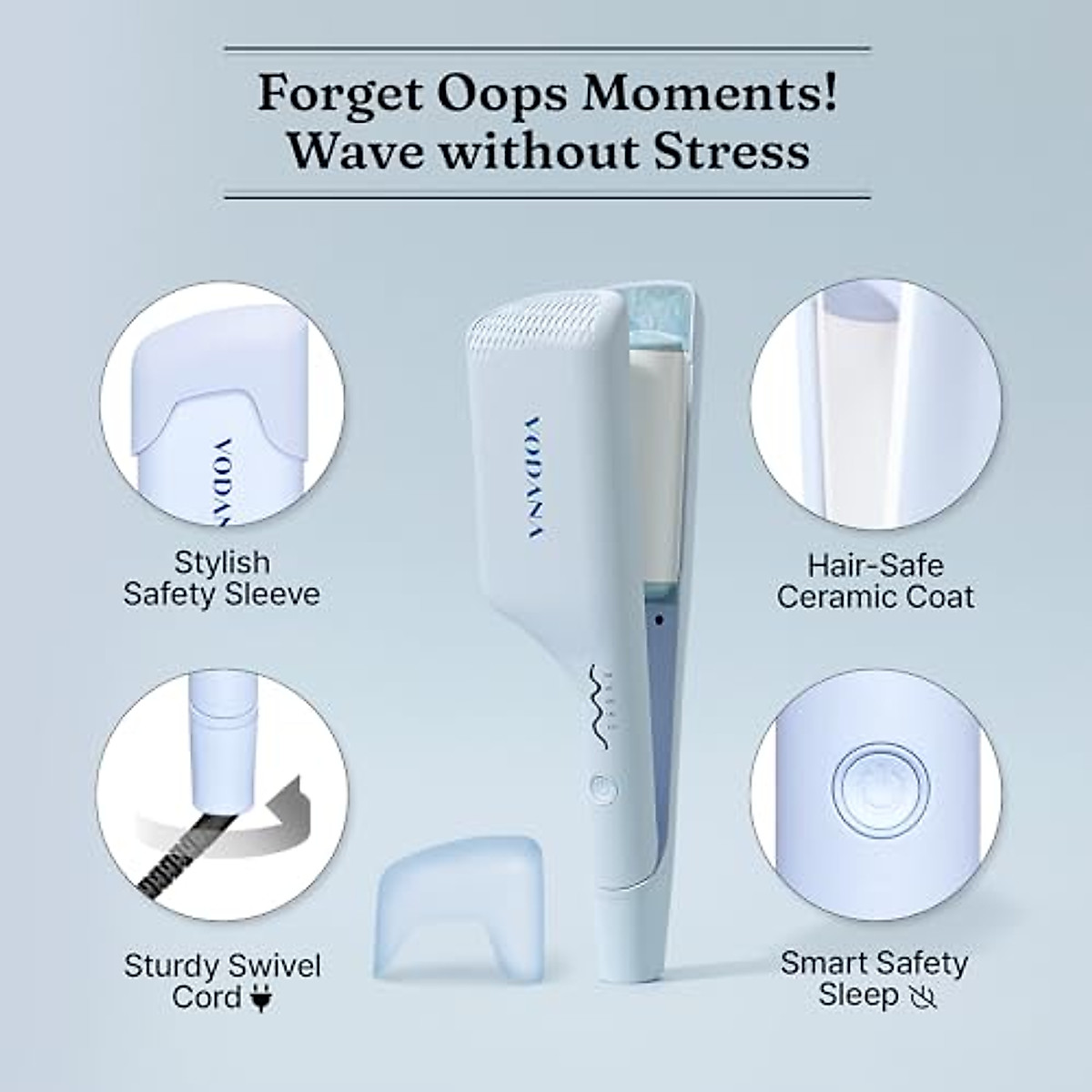 VODANA Professional Triple Flow Ceramic Hair Waver - Easy Beach Waves with Embedded Double Barrel Wave Iron. Experience Instant Heat, Long-Lasting Performance, and Quick Heat (1.6 inch, Creamy Blue)