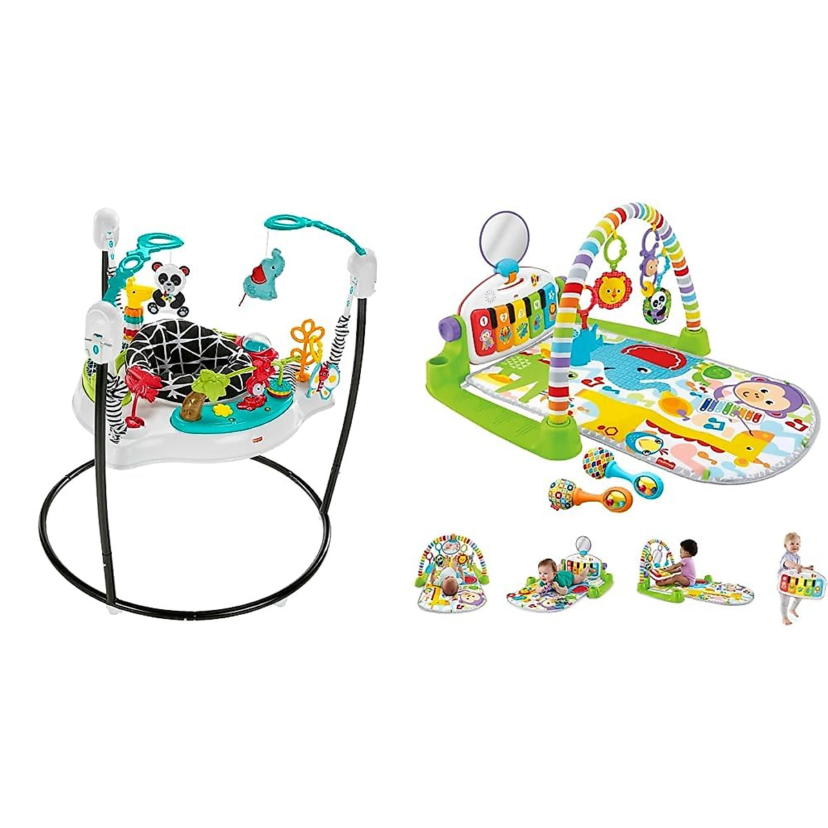 Fisher-Price Baby Bouncer Animal Wonders Jumperoo Activity Center & Fisher-Price Baby Playmat Deluxe Kick & Play Piano Gym & Maracas with Smart Stages Learning Content