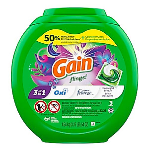 Gain flings Laundry Detergent Soap Pacs, HE Compatible, Long Lasting Scent, Moonlight Breeze Scent, 76 Count