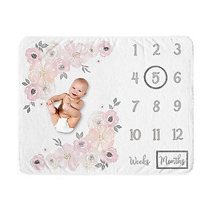 Sweet Jojo Designs Watercolor Floral Girl Milestone Blanket Monthly Newborn First Year Growth Mat Baby Shower Memory Keepsake Gift Picture - Blush Pink, Grey and White Boho Shabby Chic Rose Flower