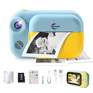 Seemee Instant Print Camera for Boys, Selfie Instant Camera with 3.5" Screen, 32G Card, 3 Rolls Print Papers, Stickers, Cute Camera Birthday Gifts Toys (Blue)