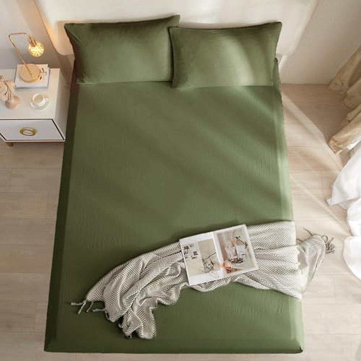 Fitted Sheets for Full Size Bed - Deep Pocket (Up to 16 Inch) - Solid Army Green, Fade & Stain Resistant, Cooling Sheet
