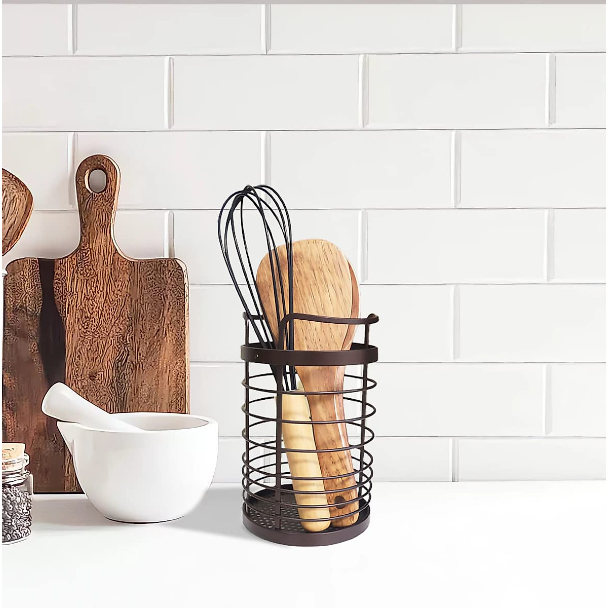 NONAKO Utensil holder for Kitchen Counter - Round kitchen utensil holder for countertop (H6.1” x W3.9”), Utensil Caddy Rustic Cooking Utensil Crock for Kitchen Decor