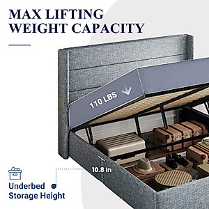 Allewie Full Size Lift Up Storage Bed, Modern Wingback Headboard, Hydraulic Support, No Box Spring Needed, Grey Blue