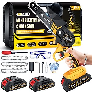 Mini Chainsaw 6 Inch, RLSOO Upgraded Portable Electric Chainsaw Cordless, Handheld Small Chainsaw for Tree Trimming Wood Cutting, Courtyard and Garden (2 Batteries and 3 Chains Included)