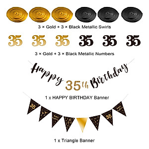 BRT Bearingshui 35th Birthday Decoration Kit for Men Women, Happy 35th Birthday Banner Bunting Swirls Streamers, Triangle Flag Banner for Birthday Party Decorations Supplies Black and Gold 35th