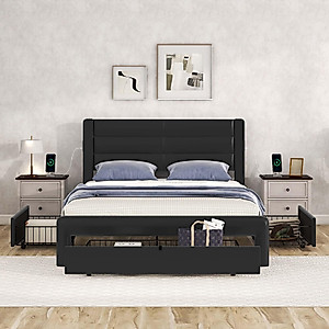 Shuoya Jewelry Queen Size Upholstered Platform Bed Frame with 2 USB Charging Station Headboard, Leather Platform Bed with 3 Storage Drawers, Solid Wood Slat Support, No Box Spring Needed (Black)