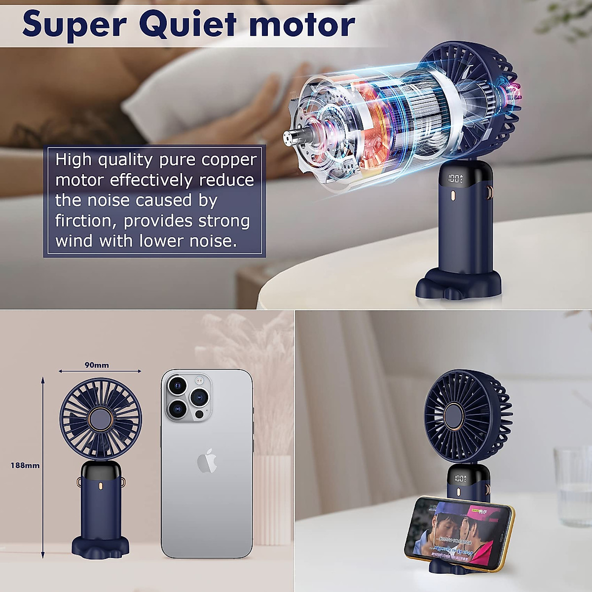 Rafada Handheld Fan, Mini Portable Fan USB Rechargeable, Small Pocket Fan 5 speeds with Lanyard and Base, Built-in 4200mAh Battery USB Desk Fan Foldable for Office, Outdoor, Home, School