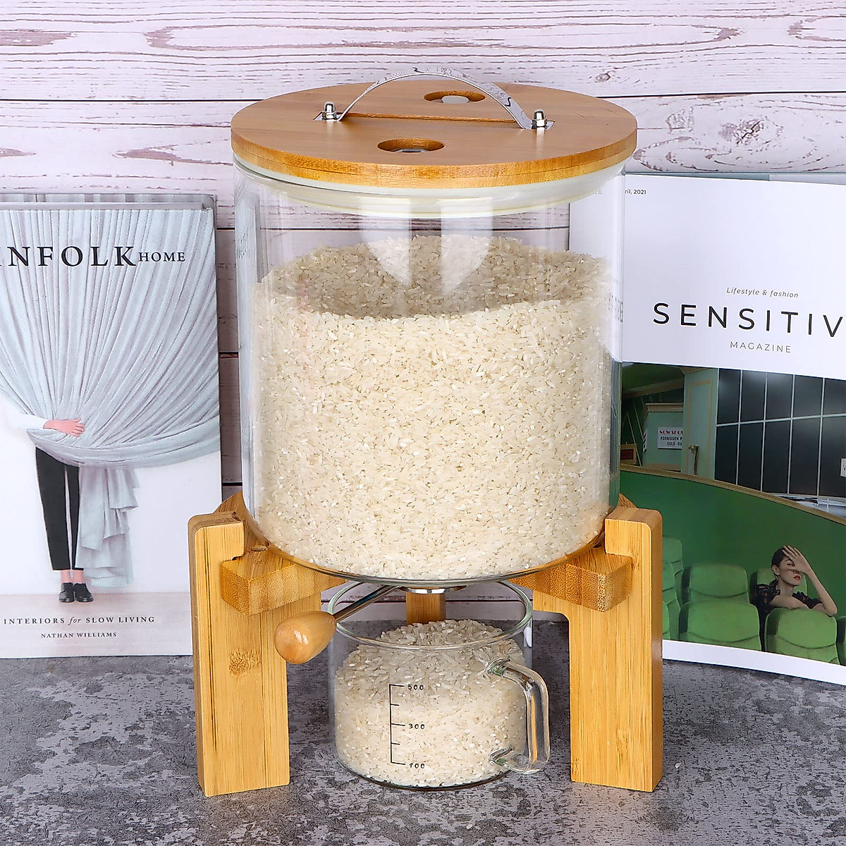 5L Glass Rice Dispenser Large Flour and Cereal Container Rice Storage Container with Airtight Lid,Wooden Stand&Measuring Cup,Clear Kitchen Food Jars Glass Food Storage Container for Organization
