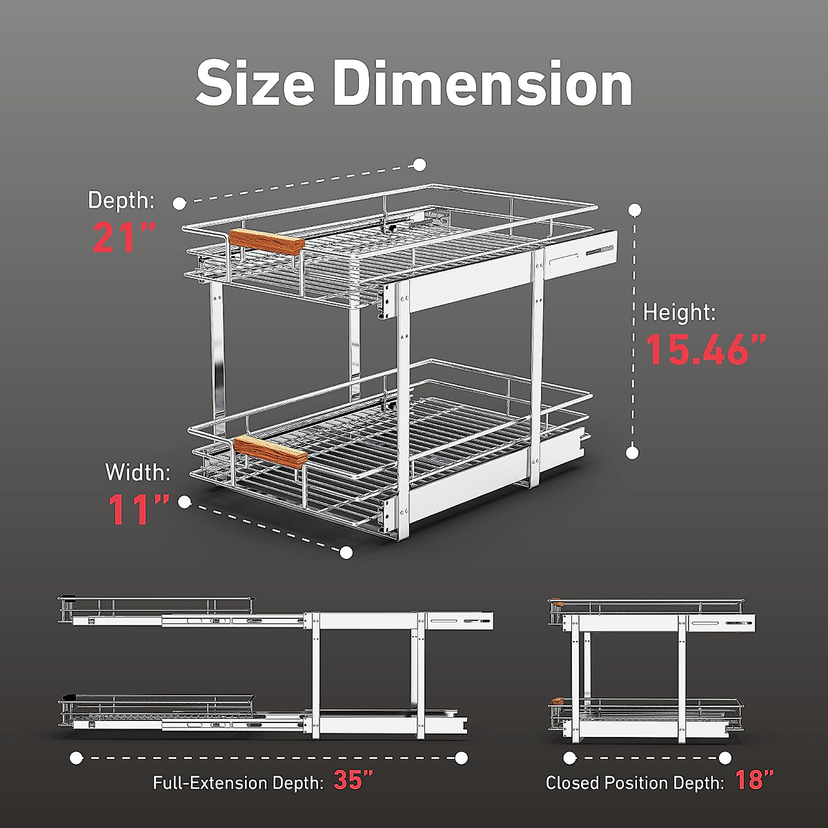 Mount Walker Individual Pull Out Cabinet Organizer(11" W x 21" D), 2 Tier Wire Basket Slide Out Shelf Storage with Wood Handle for Base Cabinet, Pull Out Shelf Drawers for Kitchen, Chrome