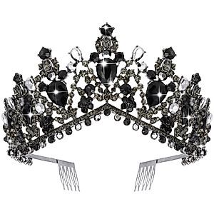 TOBATOBA Black Crown Black Tiaras for Women, Halloween Gothic Crown, Womens Black Halloween Costumes, Crystal Queen Crown Black Wedding Tiara, Party Prom Birthday Halloween Accessories