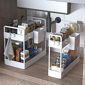 SLDMJFSZ 2-Tier Under Sink Organizer, Wide+Narrow Set Under Bathroom Cabinet Storage Organizer with Hooks, Hanging Cup,Black