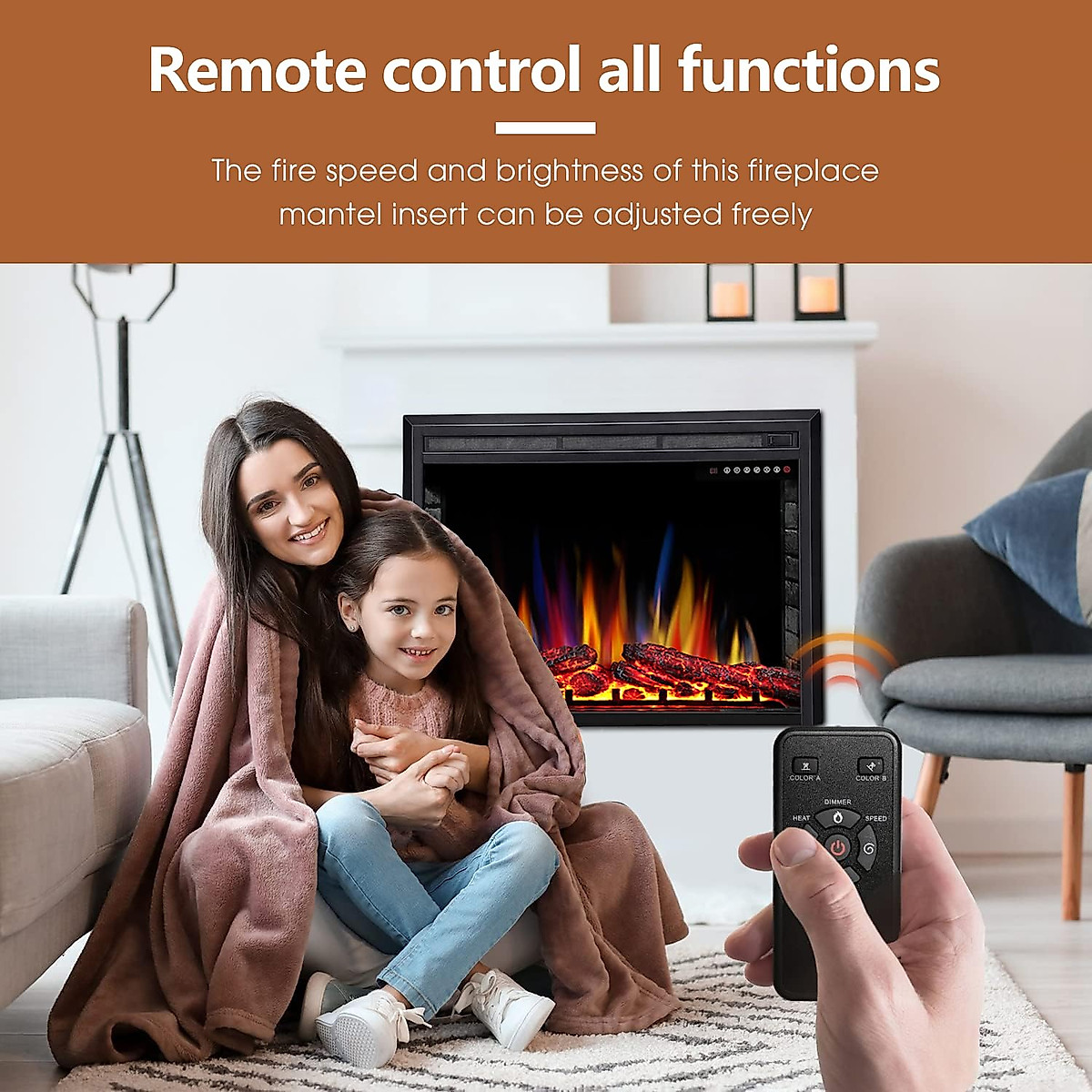 Havato 36 inch Electric Fireplace Inserts, Recessed Electric Stove Heater with Adjuatble Flame Colors, Log Colors, Flame Speed and Brightness, Remote Control & Time,750W/1500W