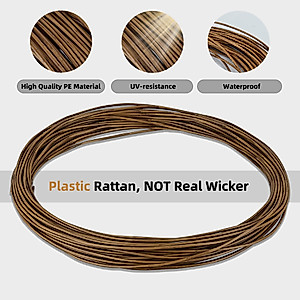 Feyart 35m/115ft 3mm Round Plastic Wicker in Wood Color, Brown Rattan for Repairing Patio Chair Woven Sofa