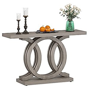 LITTLE TREE Entryway Console Table Wood: 55 inches Farmhouse Hallway Table with Geometric Base, Vintage Long Narrow Sofa Table for Living Room - Grey