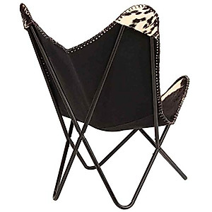 Home Decor Genuine Goat Leather Butterfly Arm Chair with Black/Brown White Hair on Cover (Black and White with Black Frame)