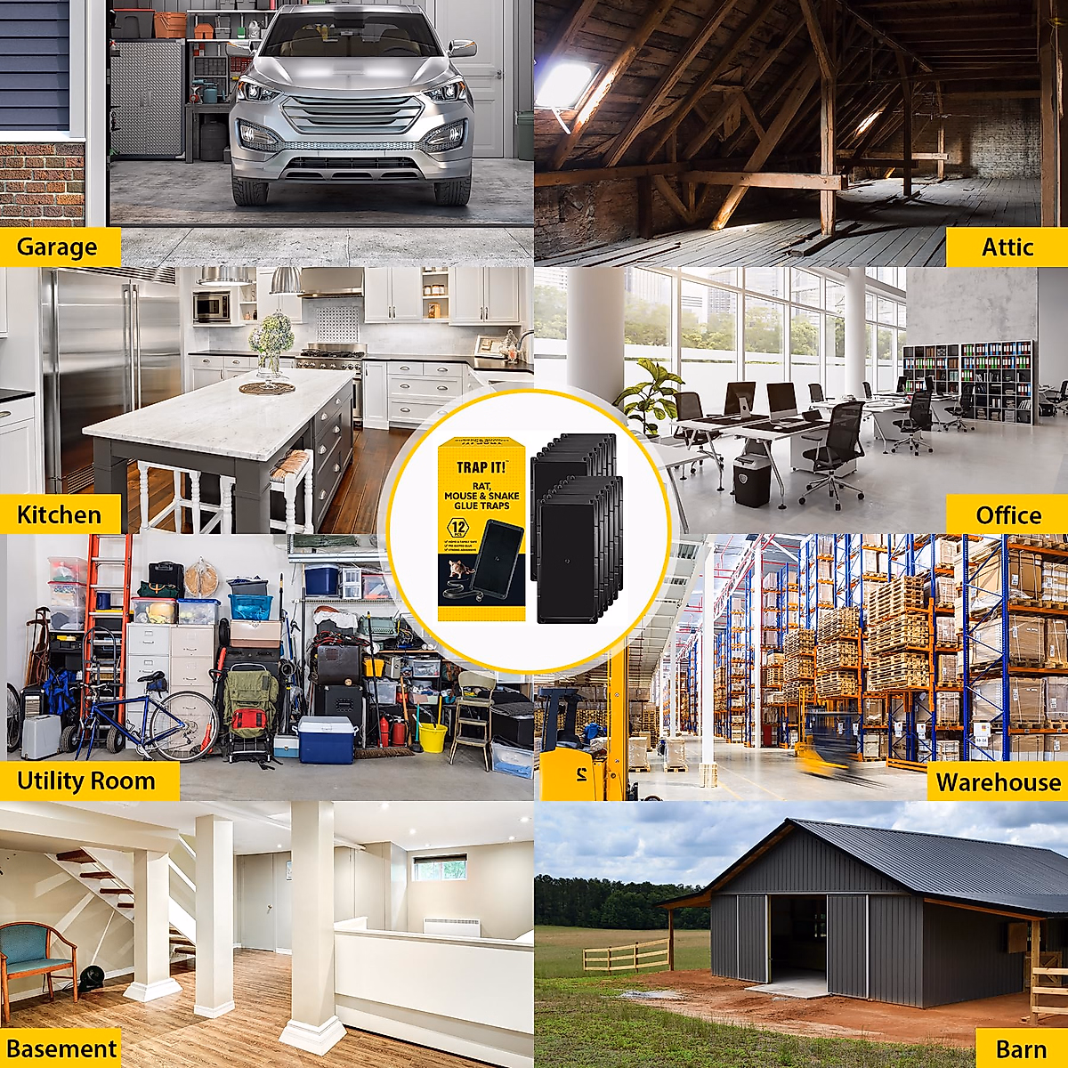 TRAP IT! Mouse Traps Indoor for Home, 12 Pack Pre-Baited Sticky Glue Traps for Mice & Rats, Larger Heavy Duty Adhesive Plastic Trays Pet Family Safe for Rodents, Snakes, Spiders, Lizards Pest Control