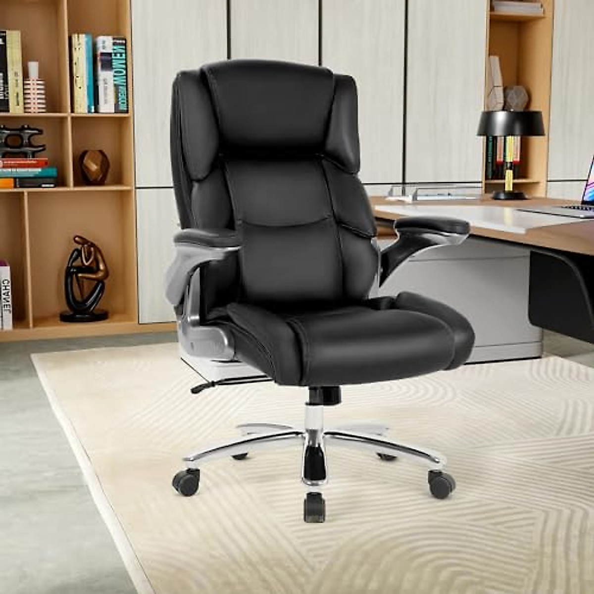 Big and Tall Office Chair 400lbs Ergonomic Computer Desk Chair with High Back, Adjustable Executive Office Chair with Flip-up Armrests, Pu Leather Swivel Task Chair for Home Office, Black