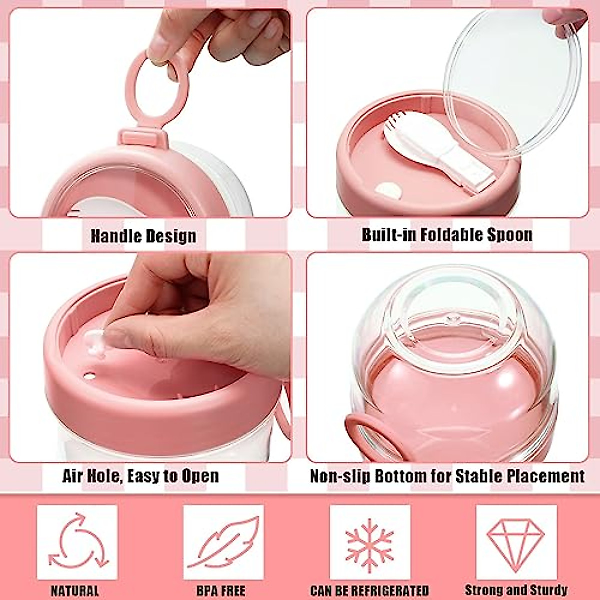 JACTZ Overnight Oat Containers with Lids and Spoons,20oz Overnight Oats Jars,Leakproof Dessert Cups for Yogurt Breakfast On The Go Cups,Oatmeal Container Snack Containers (3pink)