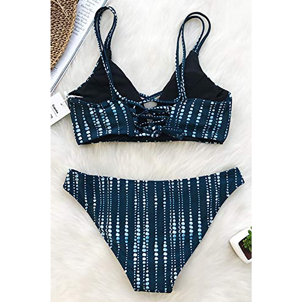 CUPSHE Women's Dream Space Lace Up Bikini Set Beach Swimwear Medium Dark Blue