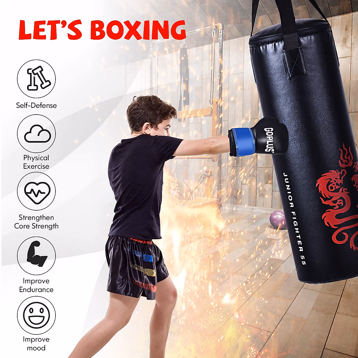 Goplus Punching Bag Set with Gloves, 22LBS/ 40LBS Filled Kick Boxing Bag, Rucksack, Jump Rope, Firm Hook, Heavy Bag for Kids Youth Adults MMA Training, Muay Thai, Krav MAGA, Taekwondo, Karate