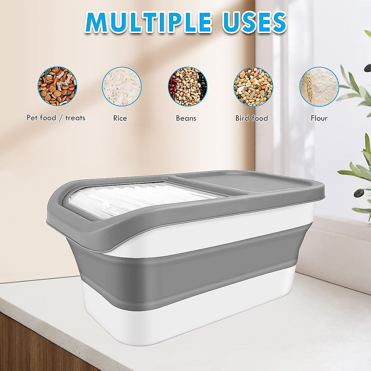 Micnaron Dog Food Storage Container, 13 LB Collapsible Pet Food Container Airtight Food Storage Bin with Lids Locking Bowl Kitchen Cereal Rice Dry Holder with Bowl & Shovel & Measuring Cup