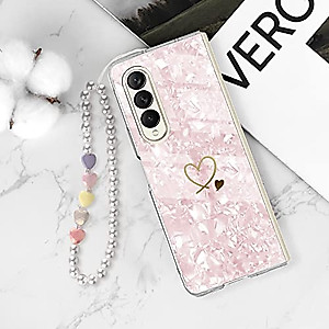 Newseego Case for Samsung Galaxy Z Fold 4 Case, Cute Love-Heart Pattern Shiny Shell Marble Design for Girls Women Soft TPU Shockproof Protective Case Cover with Colorful Heart Bracelet Chain -Pink