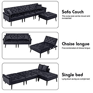 ivinta Convertible Velvet Sofa Couch, Sectional Sofa with Ottoman, Mid-Century Upholstered Comfy Sofa Bed, Queen Sleeper Sofa for 4-Seater, Modular Sofa for Living Room (Black)