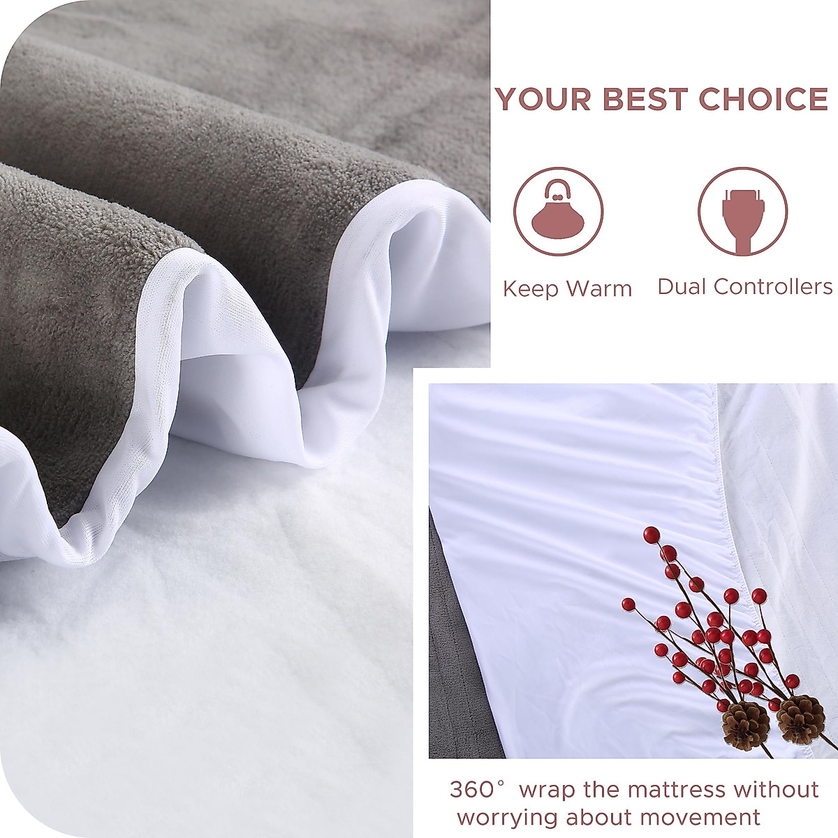 Heated Mattress Pad Queen Size 60"x80", 5 Heating Levels Dual Control with 10 Hours Auto-Off, Warming Bed, Fast Heating Electric Mattress Pad, Grey