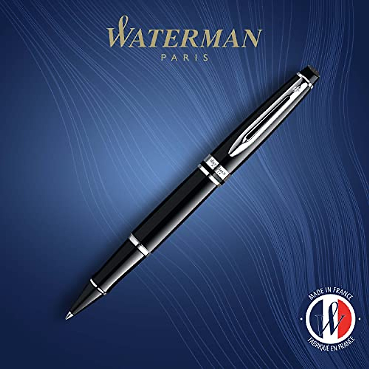 Waterman Expert Rollerball Pen, Gloss Black with Chrome Trim, Fine Point with Black Ink Cartridge, Gift Box