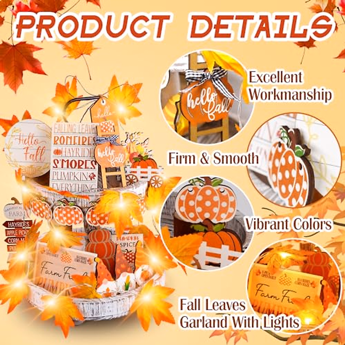 Harvest Fall Tiered Tray Decor with Lights - 19 Pcs Set Includes Gnome Signs, Leaves Garland, Pumpkin for Home Table