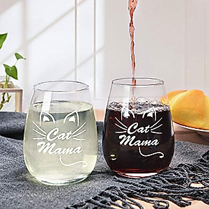 Cat Mama Stemless Wine Glass for Women Cat Mama Friend Cat Mom Cat Lovers Cat Lady Wife Cat Owner Birthday Christmas, Funny Cat Themed Wine Gifts Idea, 15Oz