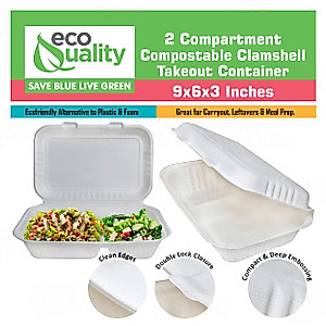 Compostable 2-Compartment Rectangular Hinged Clamshell Take Out Food Containers 9x6x3,Heavy Duty Quality Disposable to go Containers, Restaurants, Food Trucks (25)