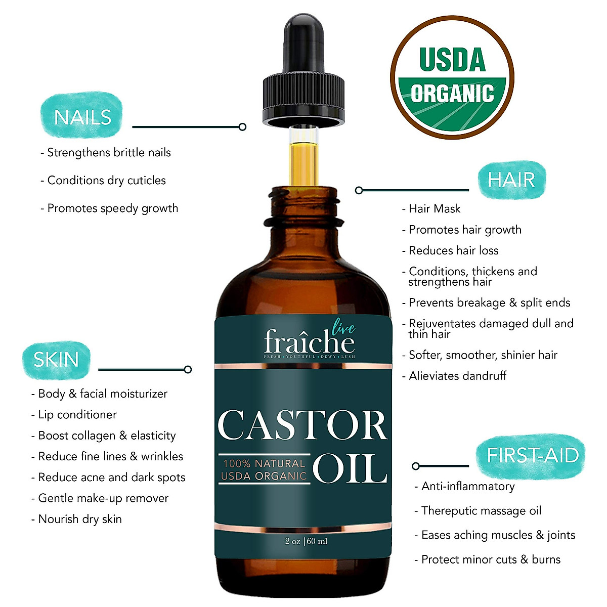 Organic Castor Oil (2oz) + FREE Lash Serum Mascara Starter Kit - USDA Approved Pure Cold Pressed Hexane Free Natural Hair Growth Oil - Live Fraiche Eyebrow Growth Serum & Oil Treatment For Hair