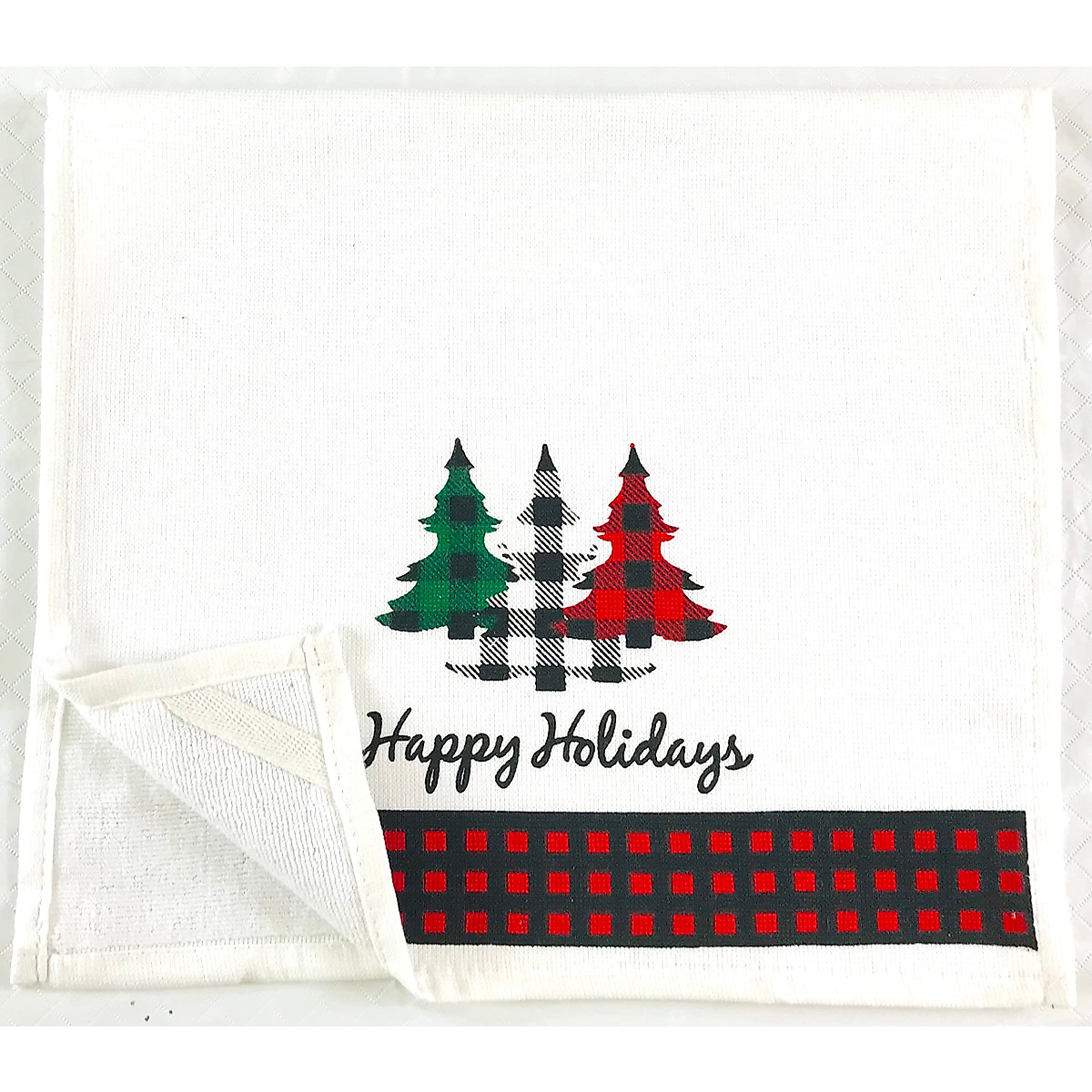 Farmhouse Christmas Kitchen Hand Towels: Postal Country Truck and Trees Herringbone Cotton Weave with Decorative Checkered Prints on Terrycloth with Easy Hang Fabric Loops (Farm Fresh Trees)