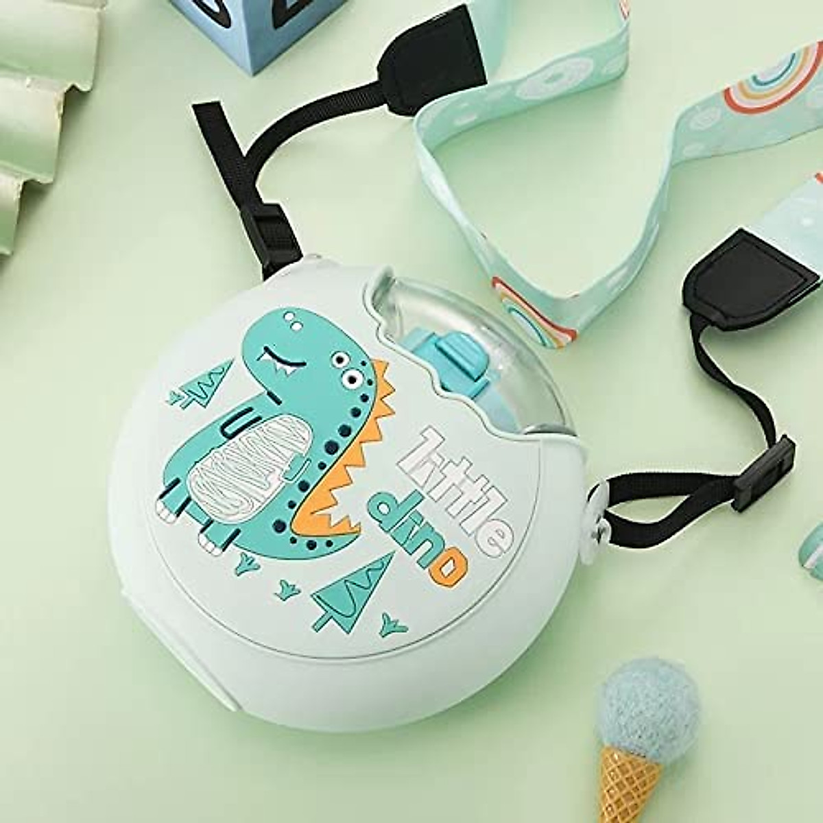 PHEENOWL 13oz Donut Water Bottle with Straw for Kids, BPA Free & Leak Proof Sports Cup for Boys Toddler Drink Bottle with Shoulder Strap for Outdoor and School (Dinosaur)